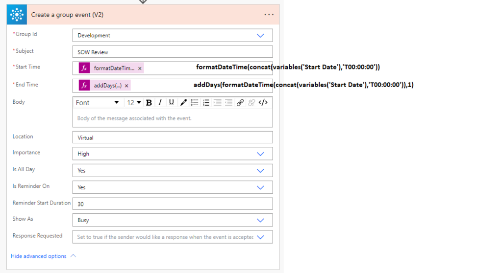 Create an All-Day Calander Event for Microsoft Group